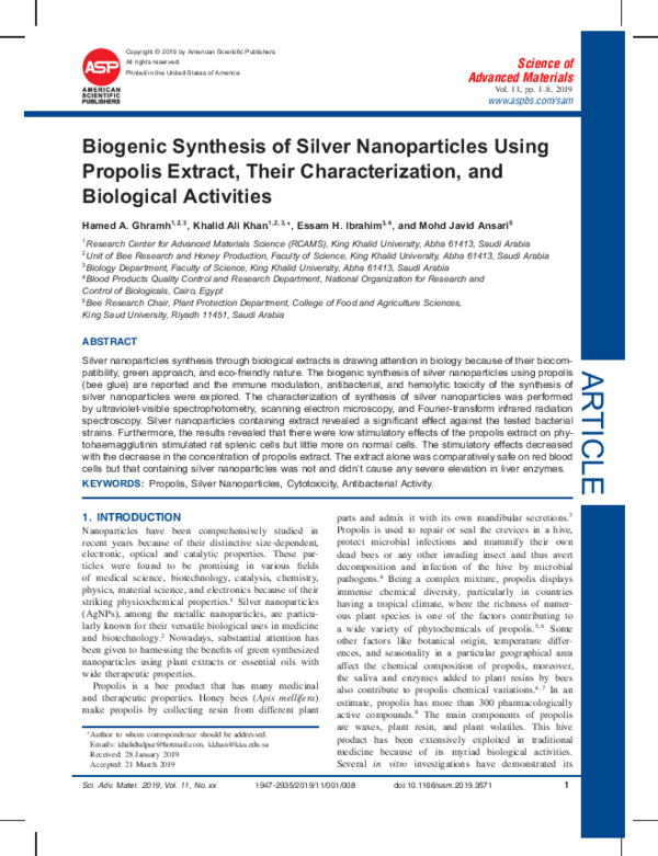 (PDF) Biogenic Synthesis of Silver Nanoparticles Using Propolis Extract, Their Characterization ...
