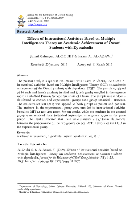 (PDF) Effects of instructional activities based on Multiple Intelligences Theory on academic ...