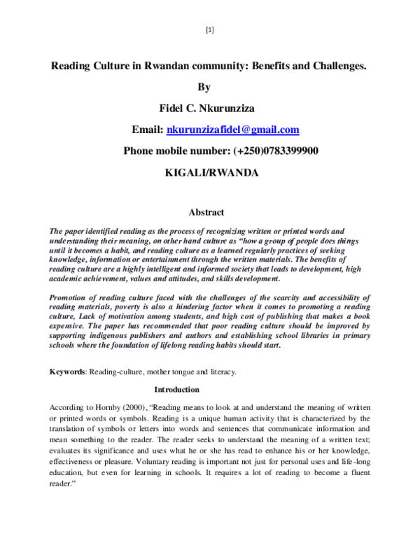 (PDF) Reading Culture in Rwandan community: Benefits and Challenges