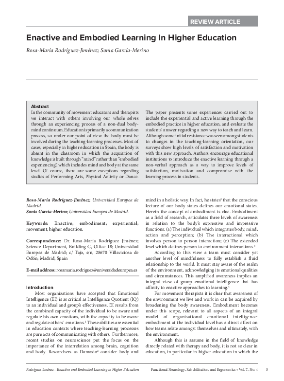 (PDF) Enactive and Embodied Learning In Higher Education