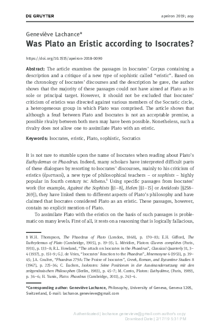 (PDF) Was Plato an Eristic according to Isocrates?