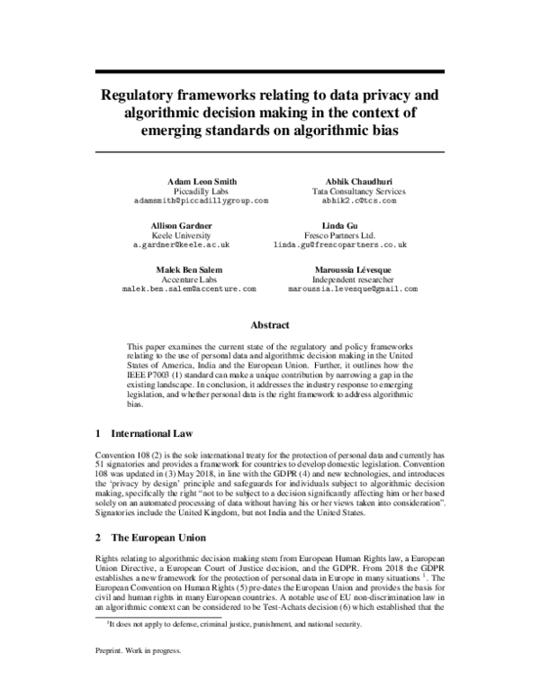 (PDF) Regulatory frameworks relating to data privacy and algorithmic decision making in the ...