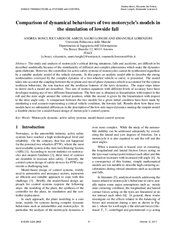 Pdf Comparison Of Dynamical Behaviours Of Two Motorcycles Models In The Simulation Of Lowside