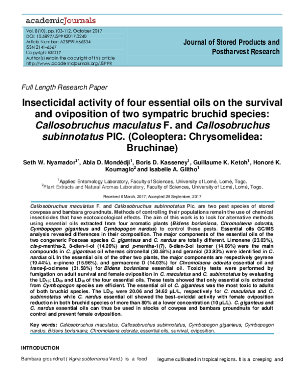 (PDF) Insecticidal activity of four essential oils on the survival and oviposition of two ...