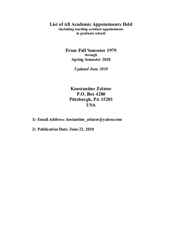 (PDF) List of all Academic Appointments; Updated June 22 , 2020