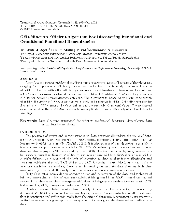 Pdf Cfd Mine An Efficient Algorithm For Discovering Functional And Conditional Functional