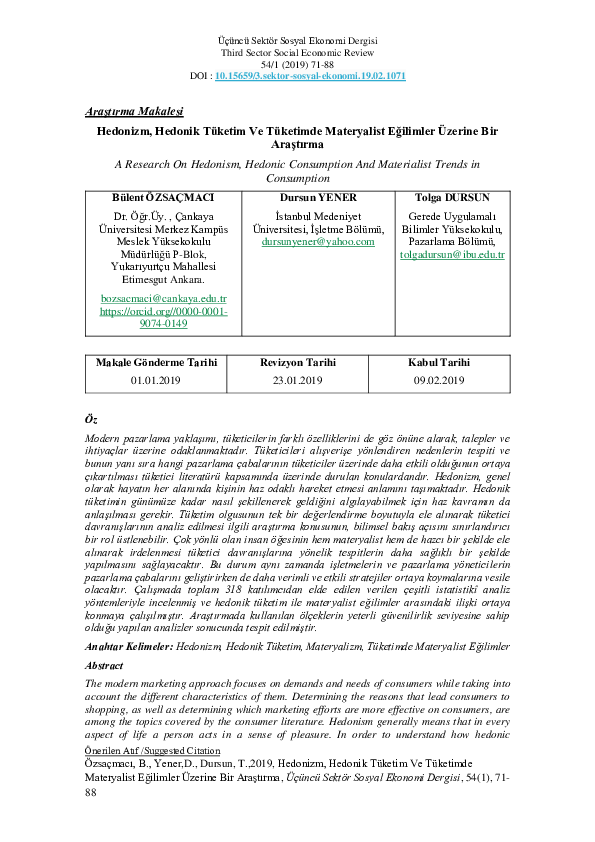 (PDF) Hedonizm, Hedonik Tüketim Ve Tüketimde Materyalist Eğilimler Üzerine Bir Araştırma