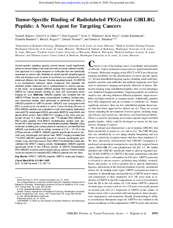 (PDF) Tumor specific binding of radiolabeled PEGylated GIRLRG peptide; a novel agent for ...