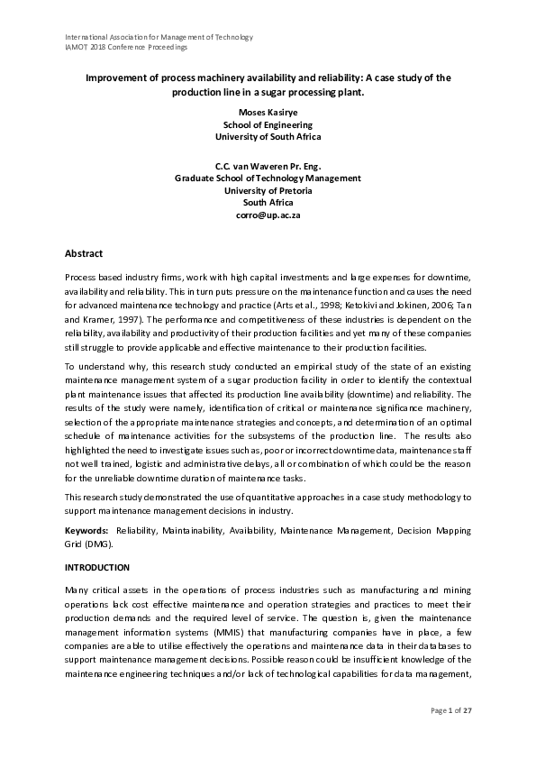 (PDF) Improvement of process machinery availability and reliability: A ...