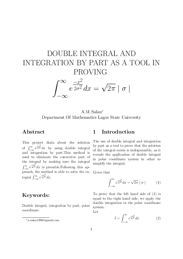 (PDF) DOUBLE INTEGRAL AND INTEGRATION BY PART AS A TOOL IN PROVING