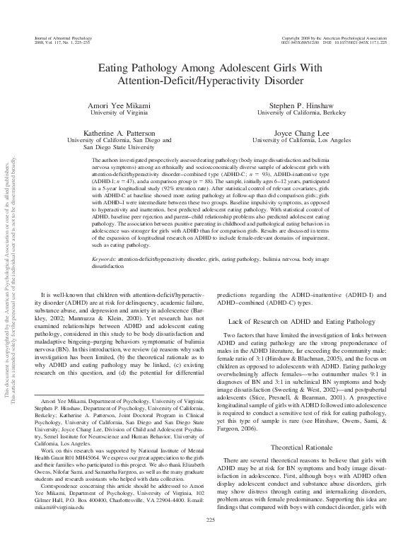 (PDF) Eating Pathology Among Adolescent Girls With Attention-Deficit ...