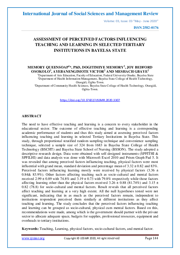 (PDF) ASSESSMENT OF PERCEIVED FACTORS INFLUENCING TEACHING AND LEARNING ...