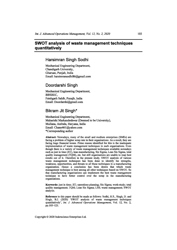 (PDF) SWOT analysis of waste management techniques quantitatively