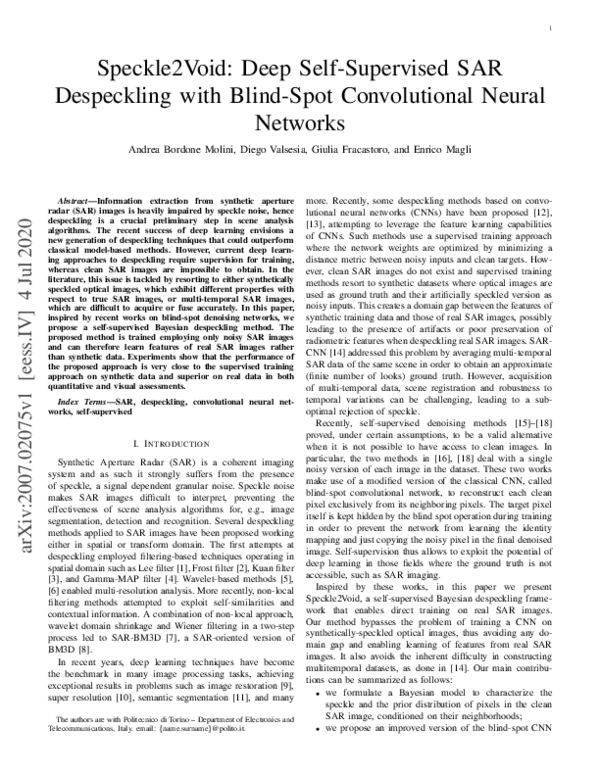 Pdf Speckle2void Deep Self Supervised Sar Despeckling With Blind Spot Convolutional Neural