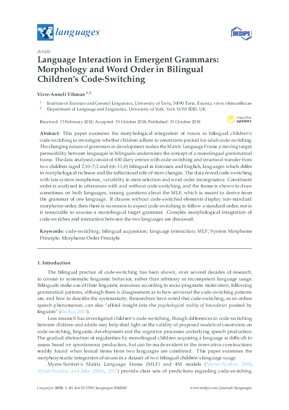 (PDF) Language Interaction in Emergent Grammars: Morphology and Word Order in Bilingual Children ...
