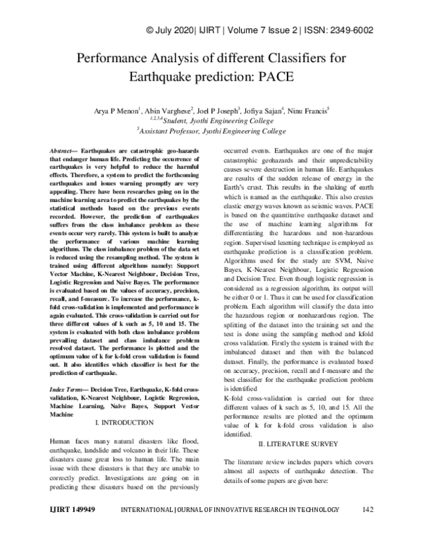 (PDF) Performance Analysis of different Classifiers for Earthquake ...