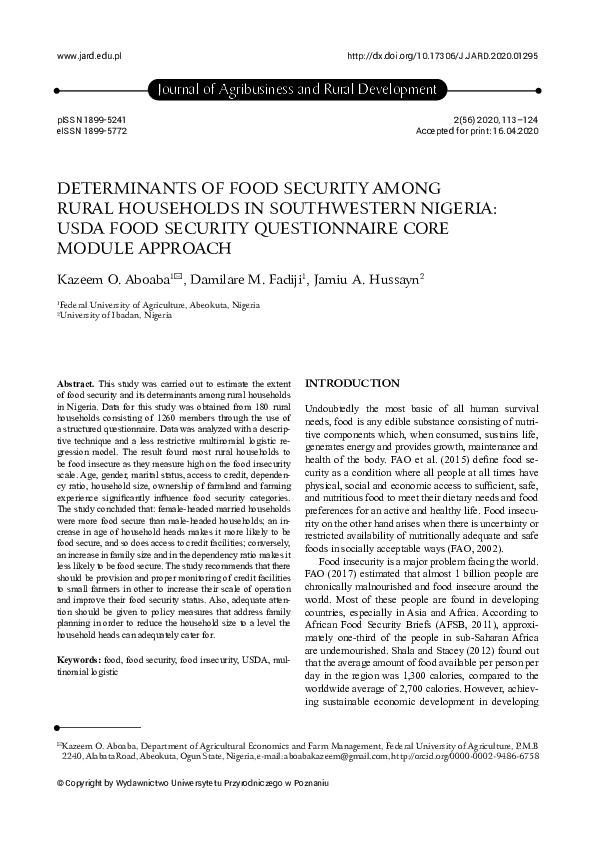 (PDF) DETERMINANTS OF FOOD SECURITY AMONG RURAL HOUSEHOLDS IN ...