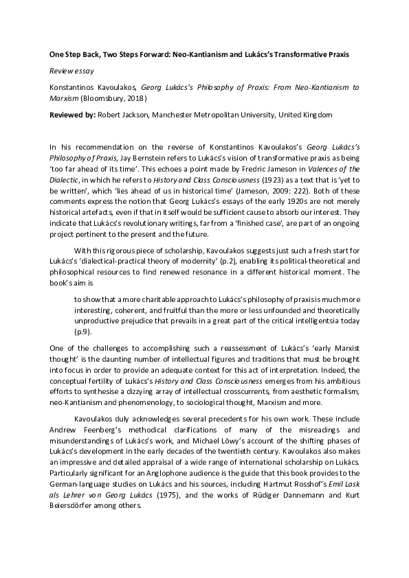 (PDF) One step back, two steps forward: Neo-Kantianism and Lukács’s ...