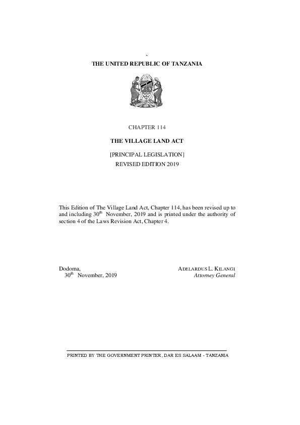 (PDF) CHAPTER 114 THE VILLAGE LAND ACT [PRINCIPAL LEGISLATION] REVISED ...