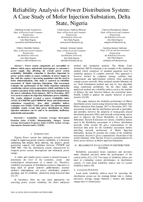 (PDF) IEEE Reliability Analysis of Power Distribution System: A Case Study of Mofor Injection ...