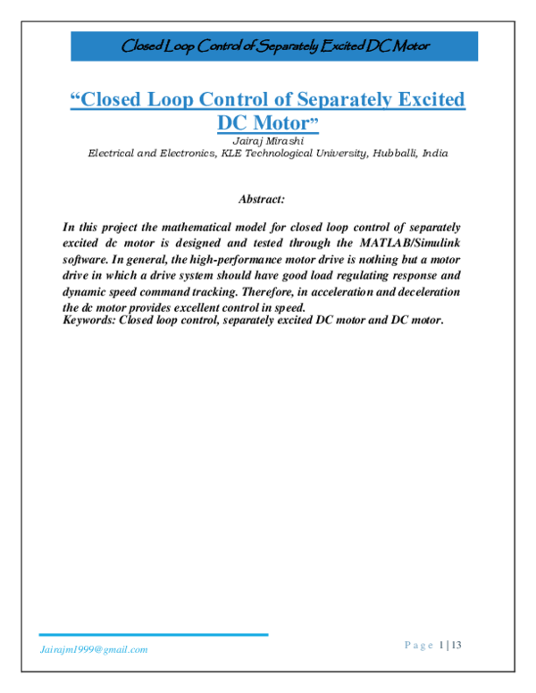 Pdf Closed Loop Control Of Separately Excited Dc Motor Closed Loop