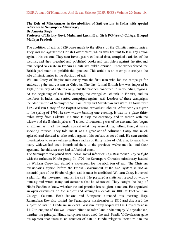 (PDF) The Role of Missionaries in the abolition of Sati custom in India ...