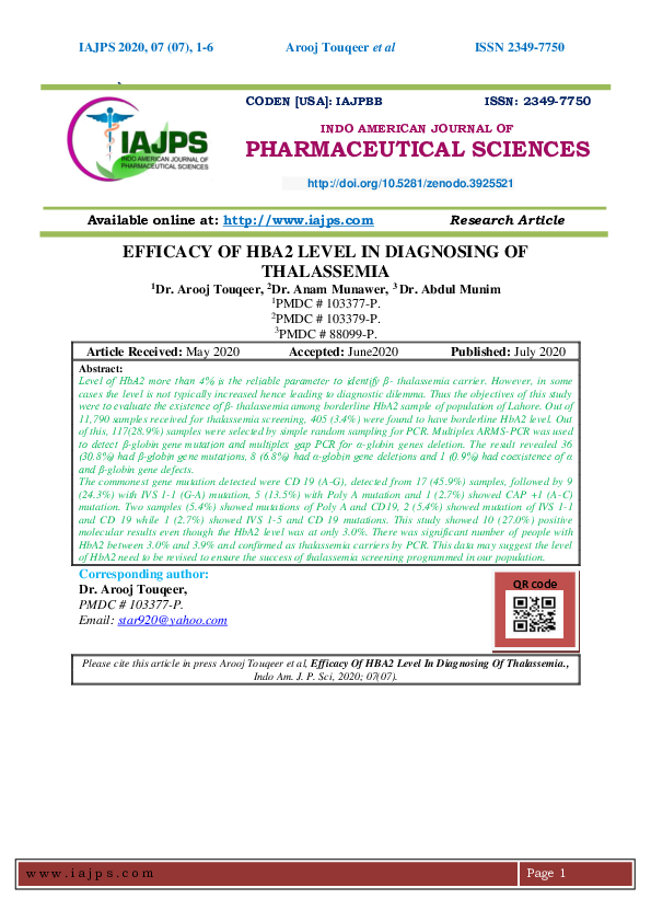 (PDF) EFFICACY OF HBA2 LEVEL IN DIAGNOSING OF THALASSEMIA QR code ...