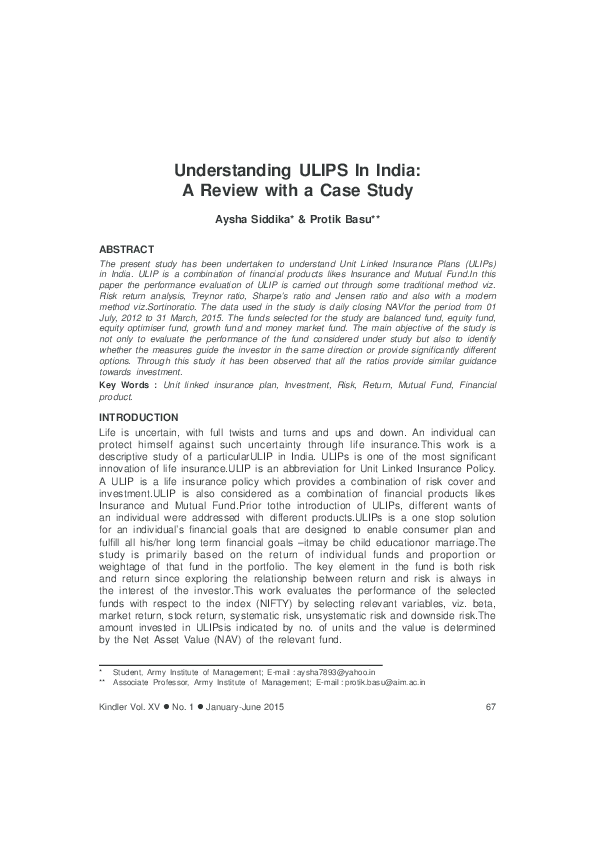(PDF) Understanding ULIPS In India: A Review with a Case Study