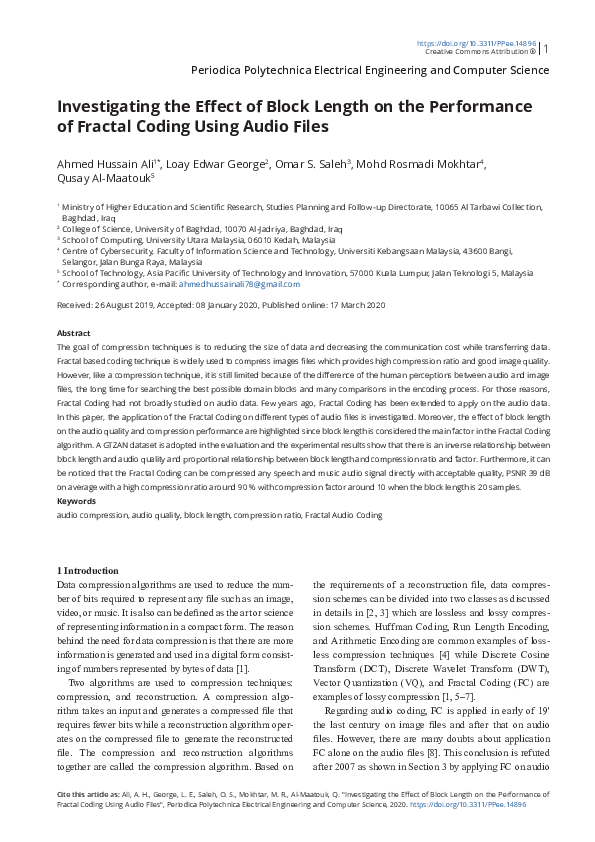 (PDF) Investigating the Effect of Block Length on the Performance of Fractal Coding Using Audio ...