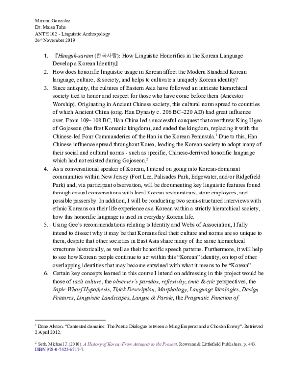 (PDF) Linguistic Anthropology Semester Project Proposal