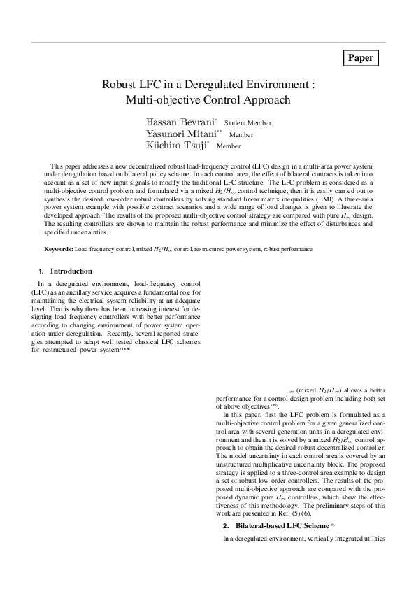 (PDF) Robust LFC in a Deregulated Environment : Multi-objective Control Approach