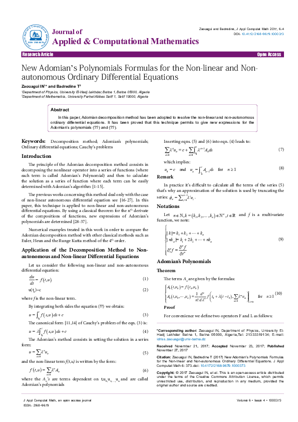(PDF) New Adomian's polynomials formulas for the nonlinear and nonautonomous ordinary ...