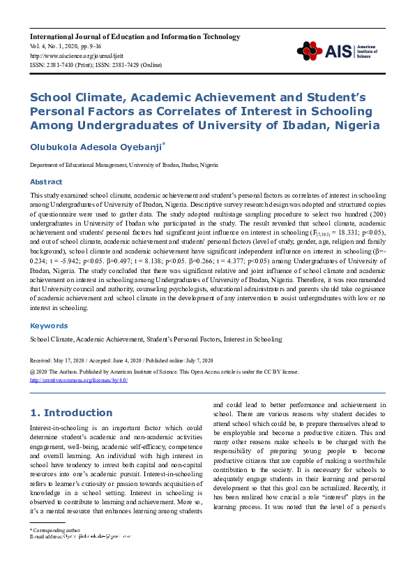 (PDF) School Climate, Academic Achievement and Student's Personal ...