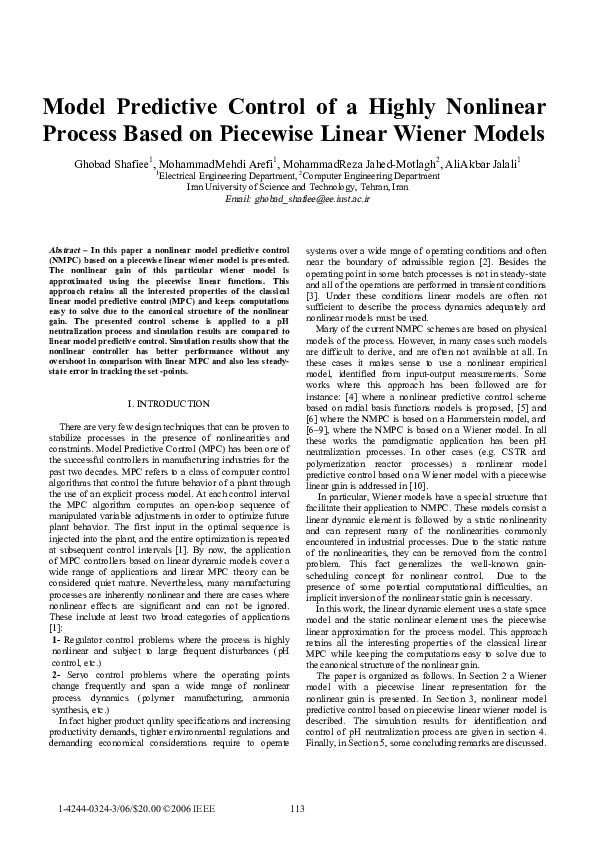 Pdf Model Predictive Control Of A Highly Nonlinear Process Based On Piecewise Linear Wiener Models 