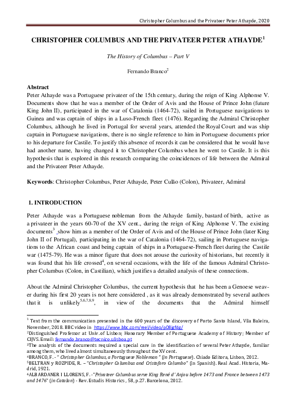(PDF) Christopher Columbus and the Privateer Peter Athayde, - The ...