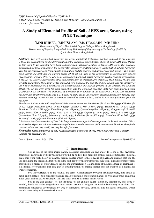 (PDF) A Study of Elemental Profile of Soil of EPZ area, Savar, using PIXE Technique