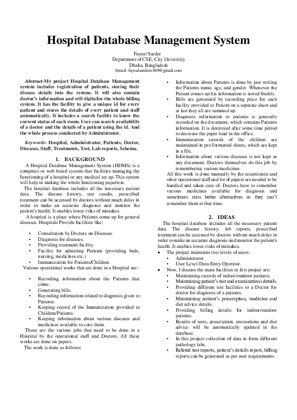 Pdf Hospital Database Management System Sql Project Report