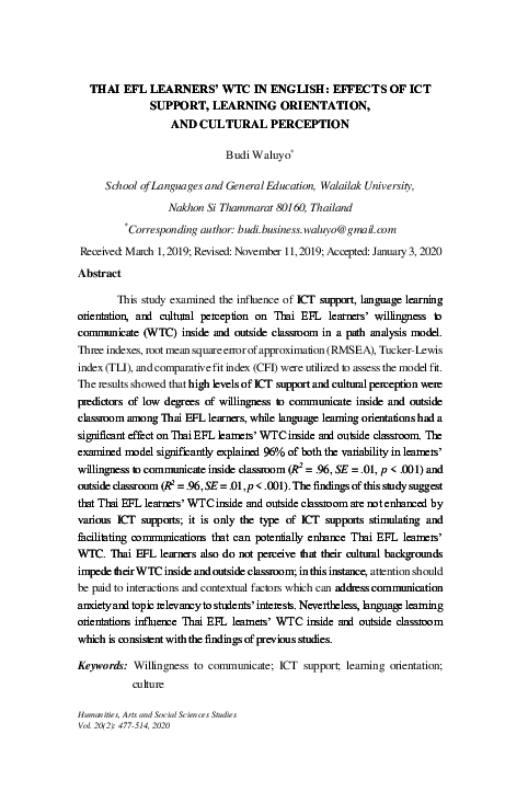 (PDF) Thai EFL Learners' WTC in English: Effects of ICT Support, Learning Orientation, and ...