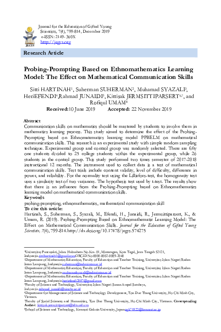 (PDF) Probing-Prompting Based on Ethnomathematic Learning Model: The Effect on Mathematical ...