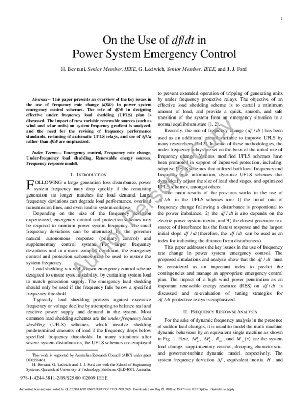 (PDF) On the Use of df/dt in Power System Emergency Control