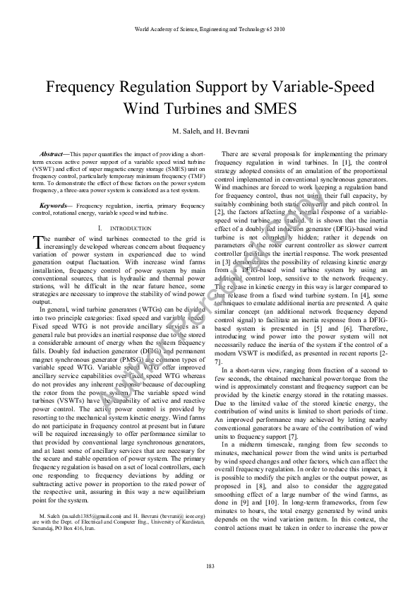 (PDF) Frequency Regulation Support by Variable-Speed Wind Turbines and SMES