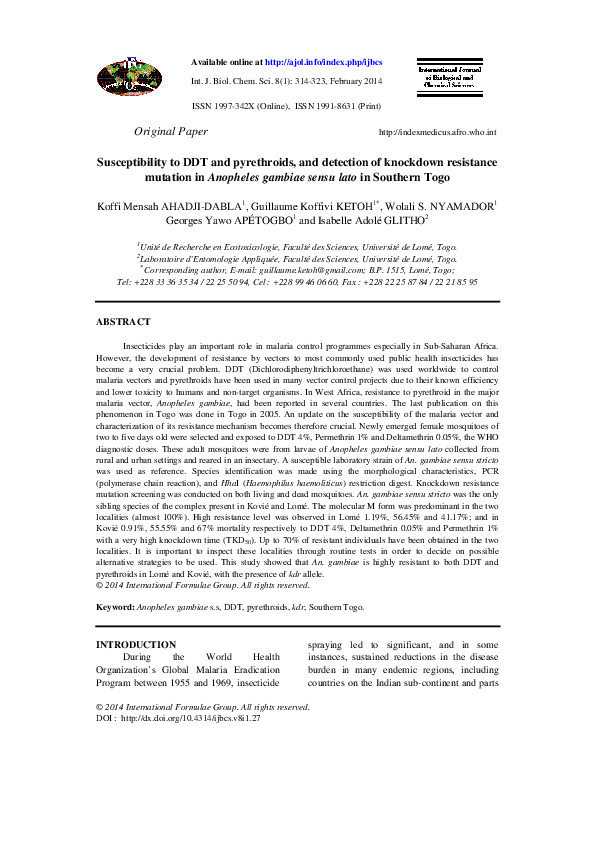 (PDF) Susceptibility to DDT and pyrethroids, and detection of knockdown resistance mutation in ...