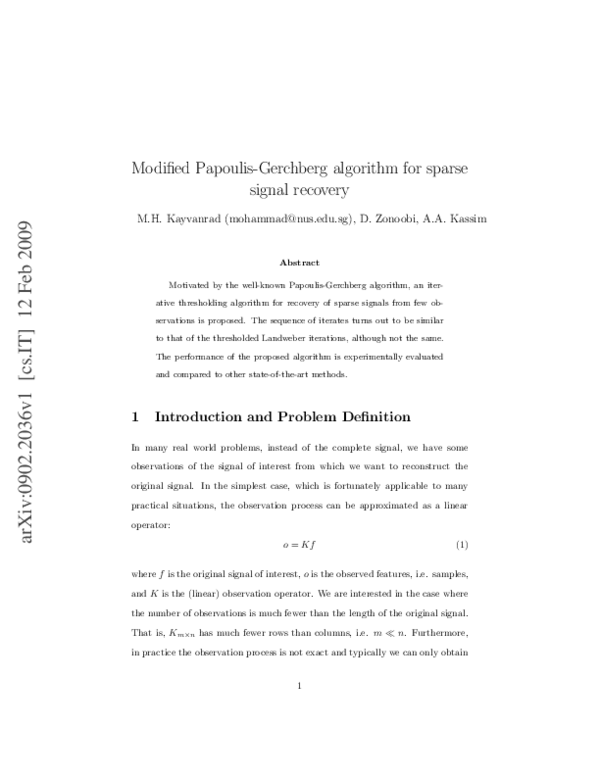 Pdf Modified Papoulis Gerchberg Algorithm For Sparse Signal Recovery