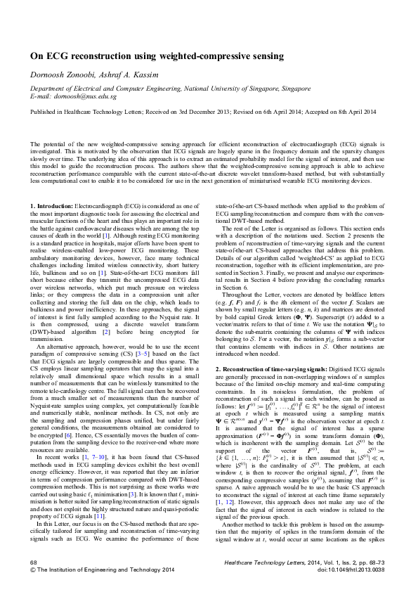 Pdf On Ecg Reconstruction Using Weighted Compressive Sensing Ashraf