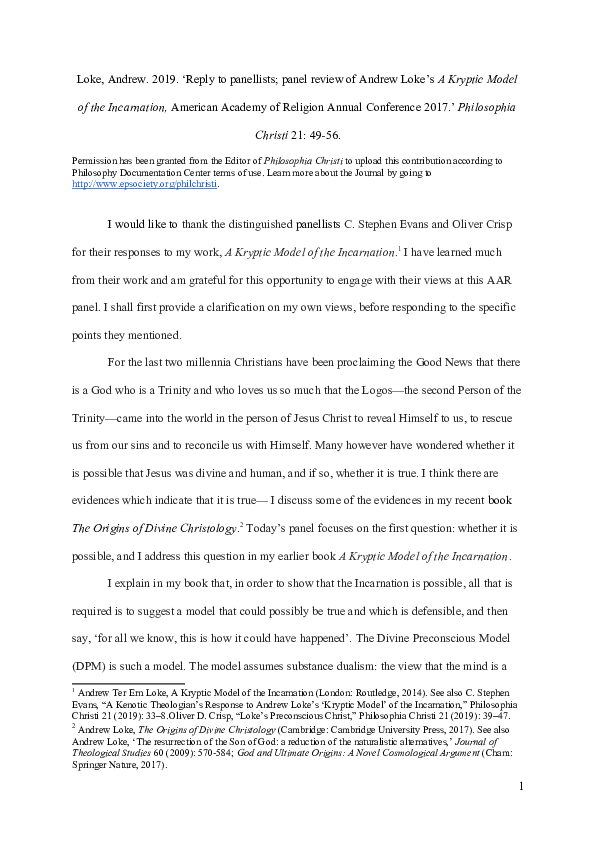 (DOC) Loke, Andrew. 2019. ‘Reply to Oliver Crisp and Stephen Evans ...