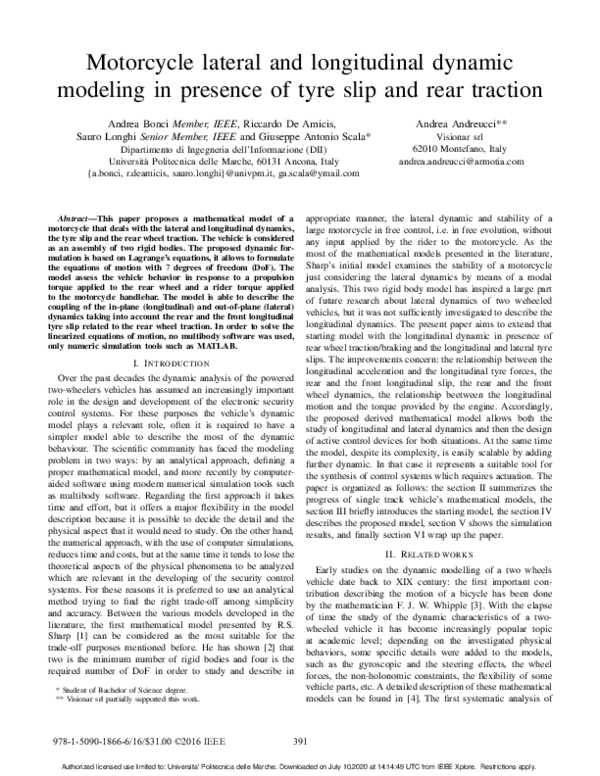 (PDF) Motorcycle lateral and longitudinal dynamic modeling in presence ...