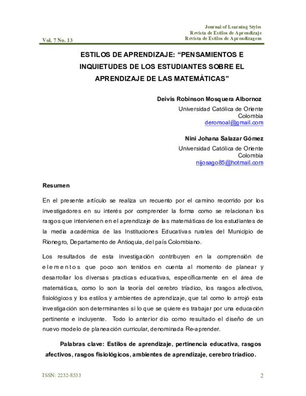 (PDF) Journal of Learning Styles Revista de Estilos de Aprendizaje ...