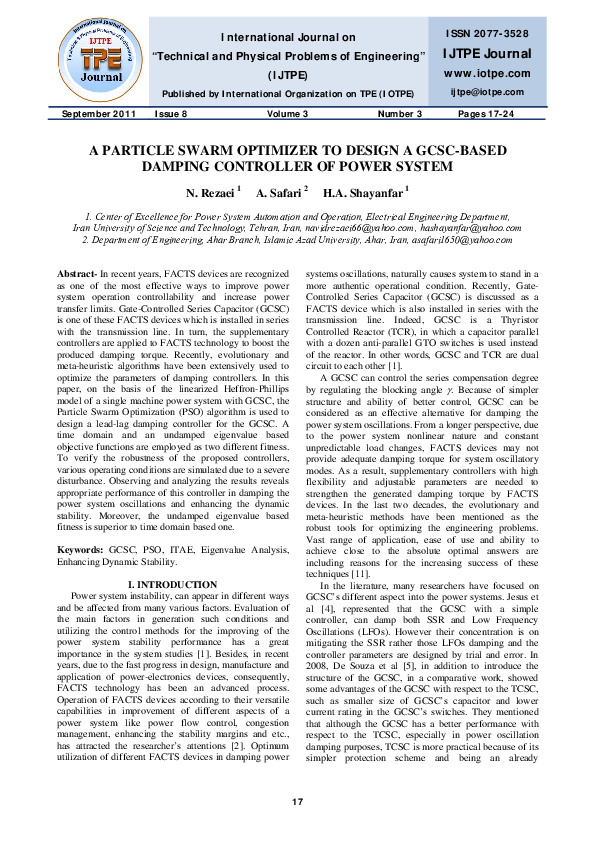 (PDF) IJTPE Journal A PARTICLE SWARM OPTIMIZER TO DESIGN A GCSC-BASED DAMPING CONTROLLER OF ...