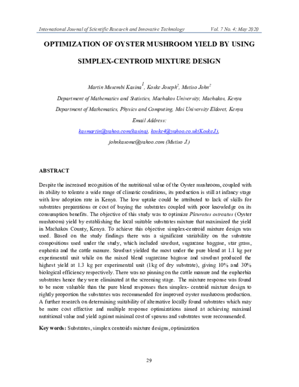(PDF) OPTIMIZATION OF OYSTER MUSHROOM YIELD BY USING SIMPLEX-CENTROID MIXTURE DESIGN