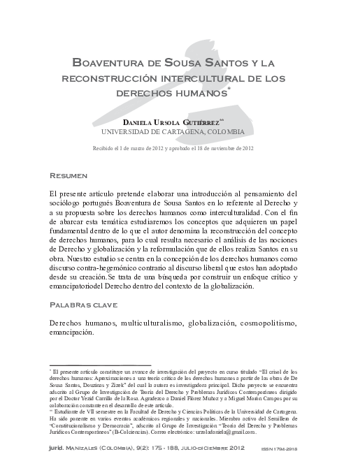 (PDF) Boaventura de Sousa Santos y la reconstrucción intercultural de los derechos humanos